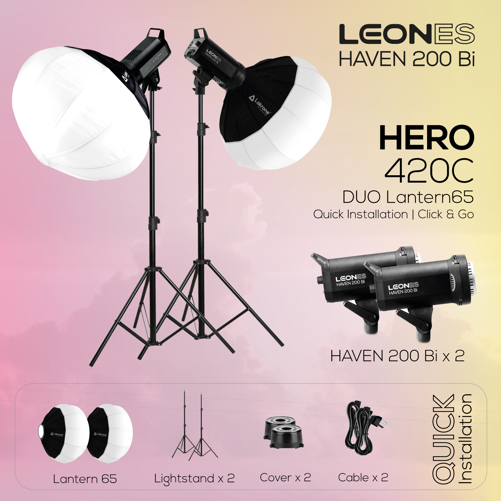 HERO 420C ชุดไฟคู่กำลังไฟ 420 วัตต์ LEONES HAVEN200 พร้อม Lantern 65 ปรับสีได้ 2700-6500K พร้อม ...